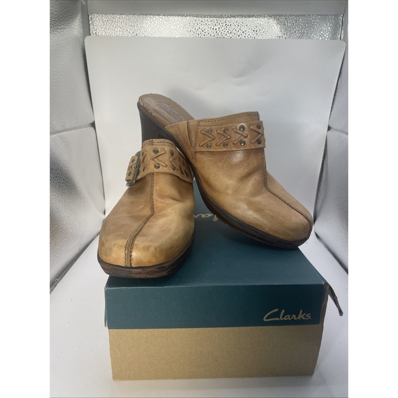 Clarks | Shoes | Clark Womens Buckskin Colored Mule With Heels Size 75 ...